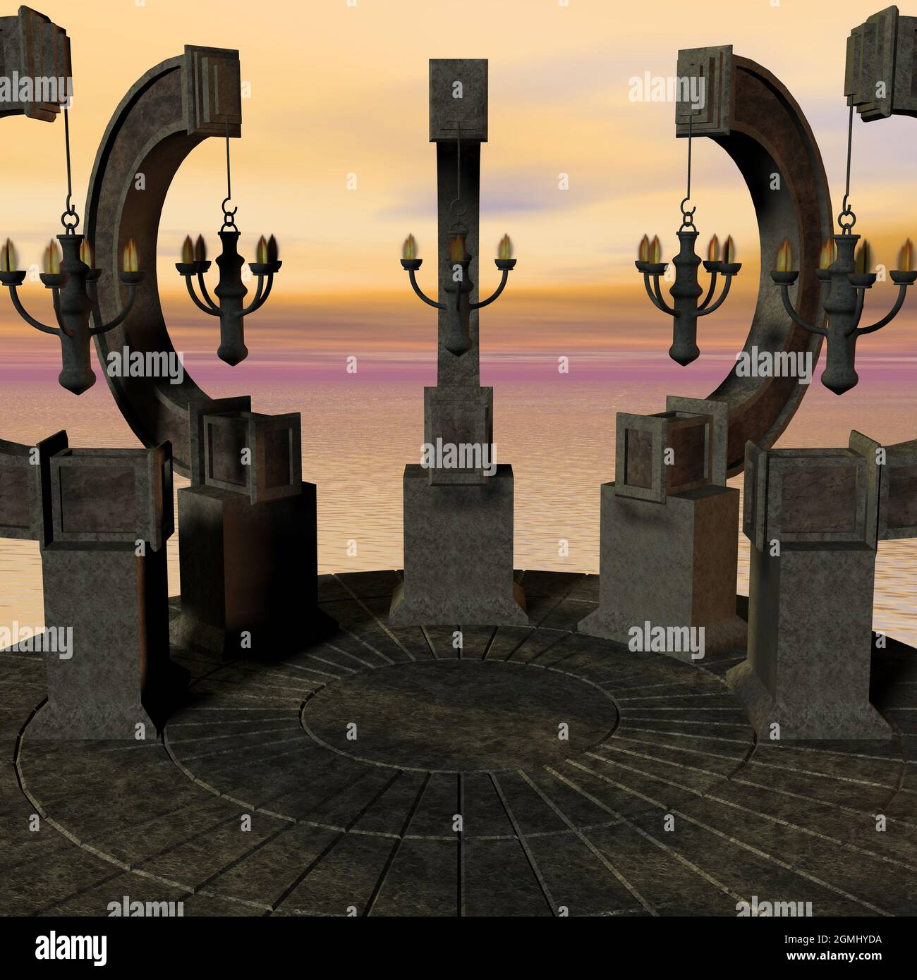 3d illustration of a fantasy and mythical place with a colorful sky ...