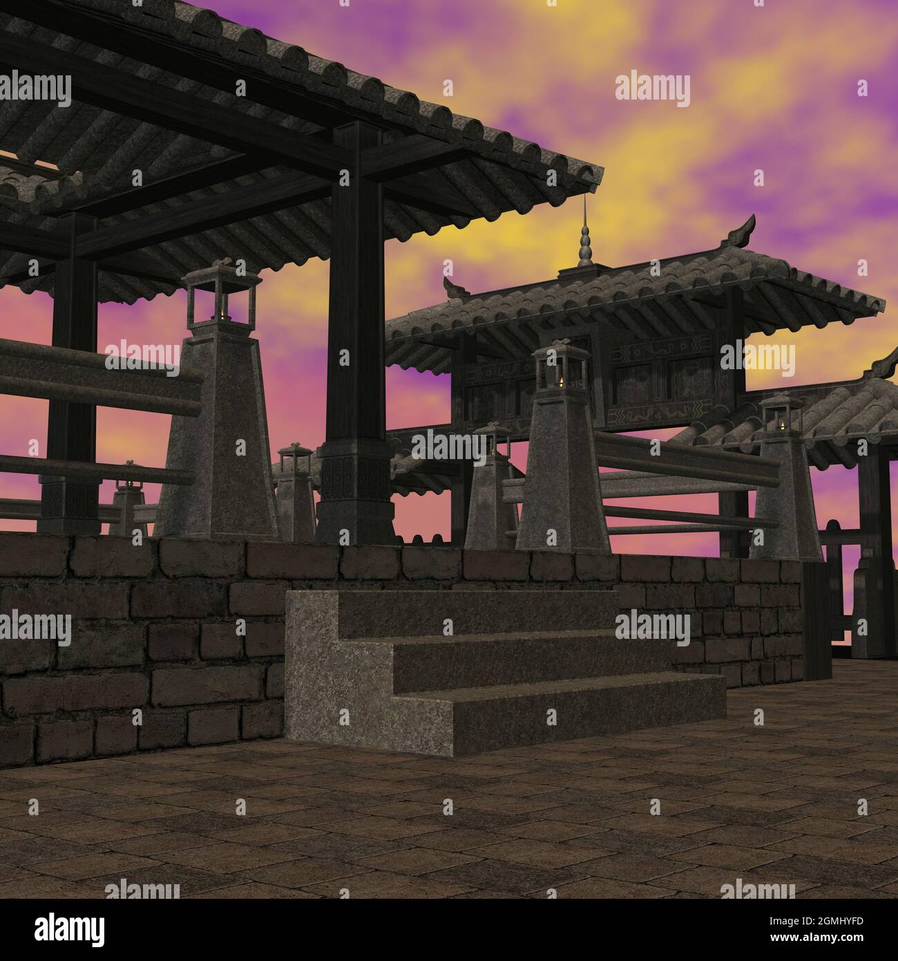 3d illustration of a fantasy asian place with a colorful sky Stock ...