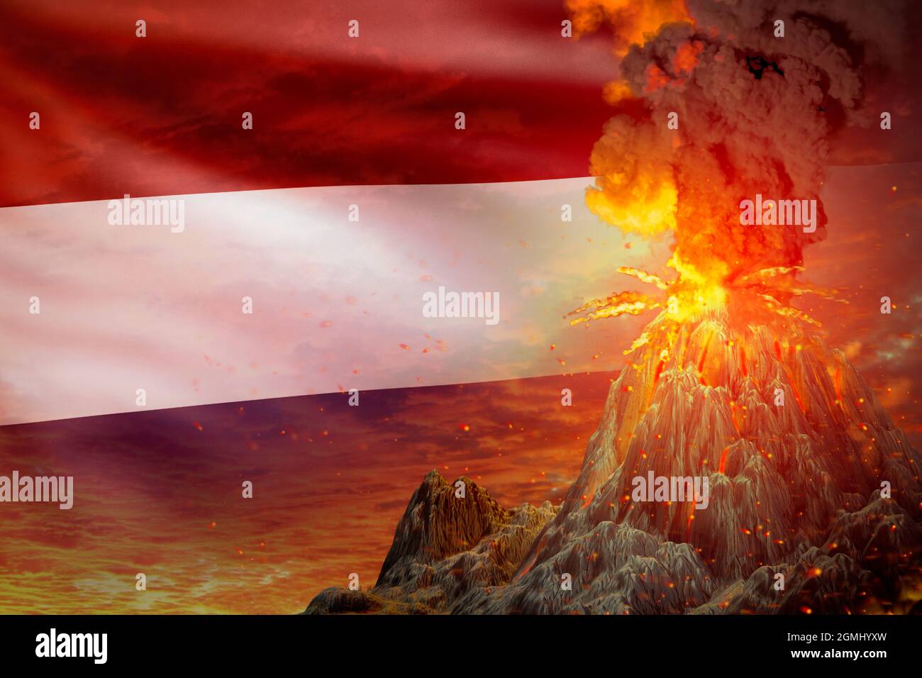 stratovolcano eruption at night with explosion on Netherlands flag ...