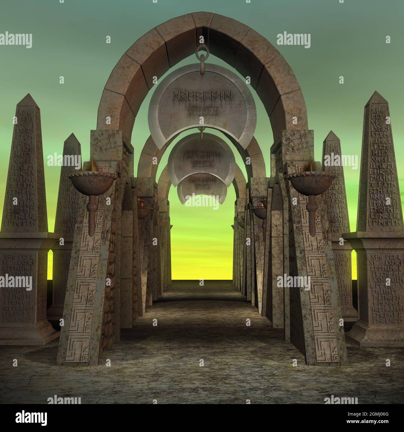 3d illustration of a fantasy place entrance with a colorful sky Stock ...