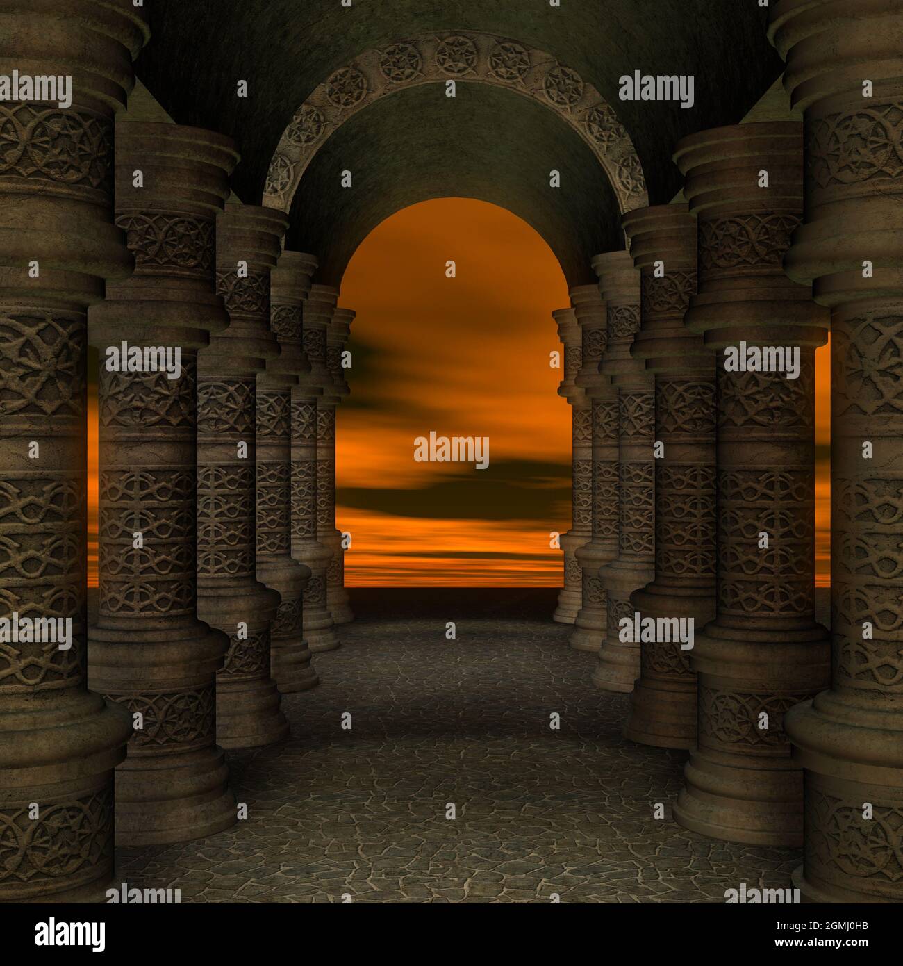 3d illustration of a fantasy place entrance with a colorful sky Stock ...