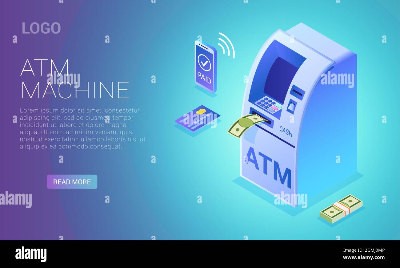 Cash terminal, isometric contactless ATM withdrawal from phone or credit card, vector landing ...