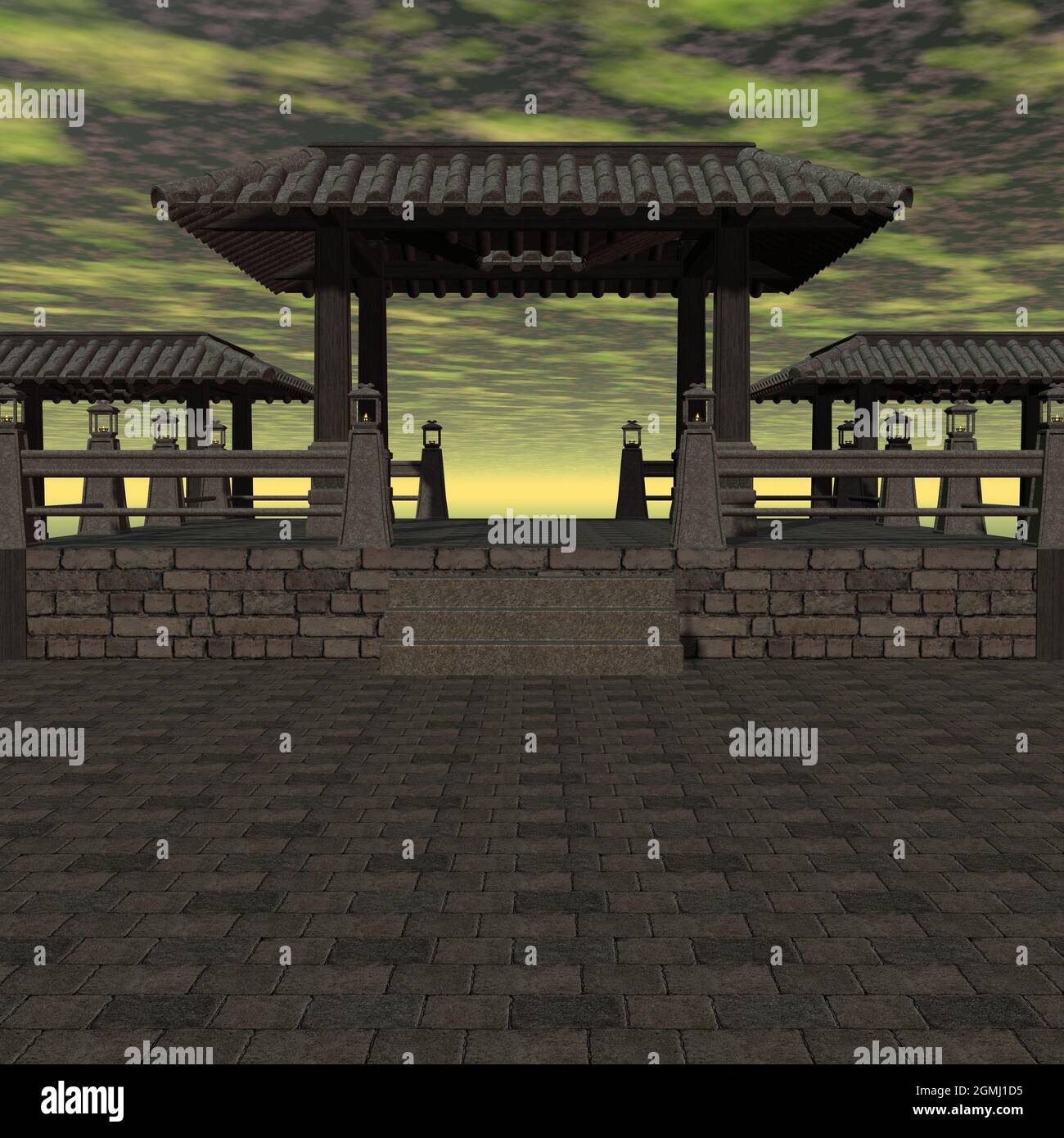 3d illustration of a fantasy asian place with a colorful sky Stock ...