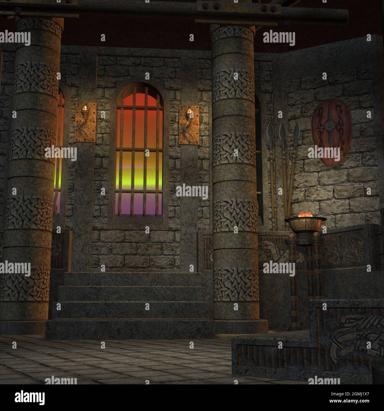 3d illustration of a fantasy place with a colorful sky though a ...