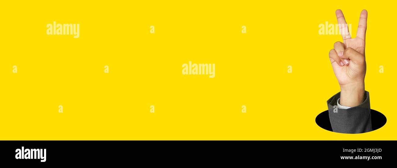 Victory Sign Poster Design with Yellow Free Space and Two Raised ...