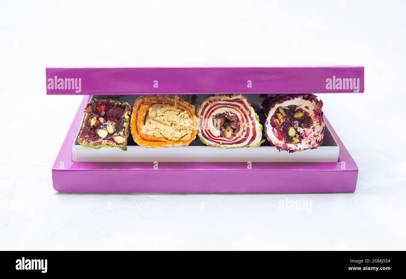 Assortment of turkish delight in a gift box isolated on white ...