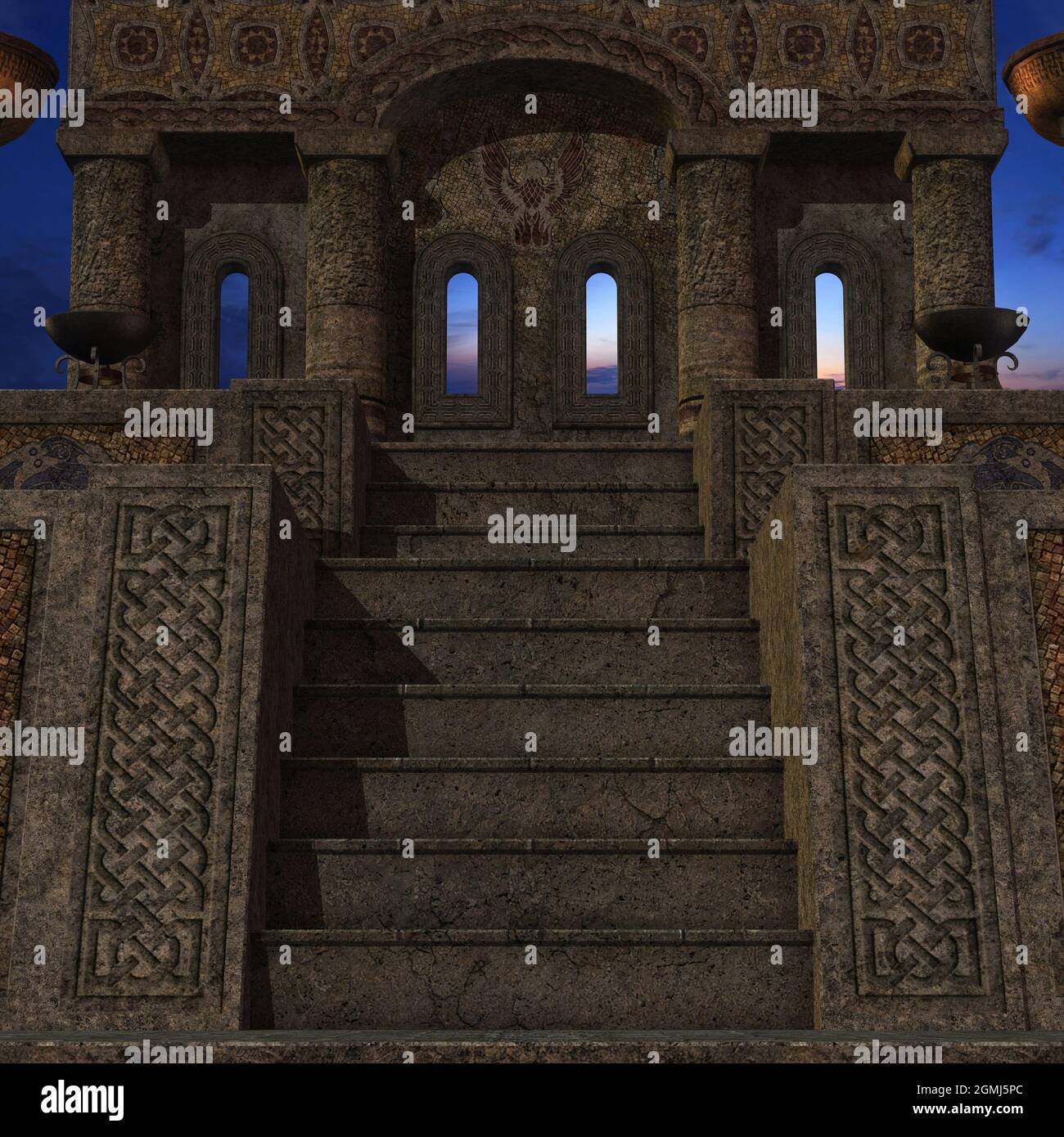 3d illustration of a fantasy and mythical place with a colorful sky ...