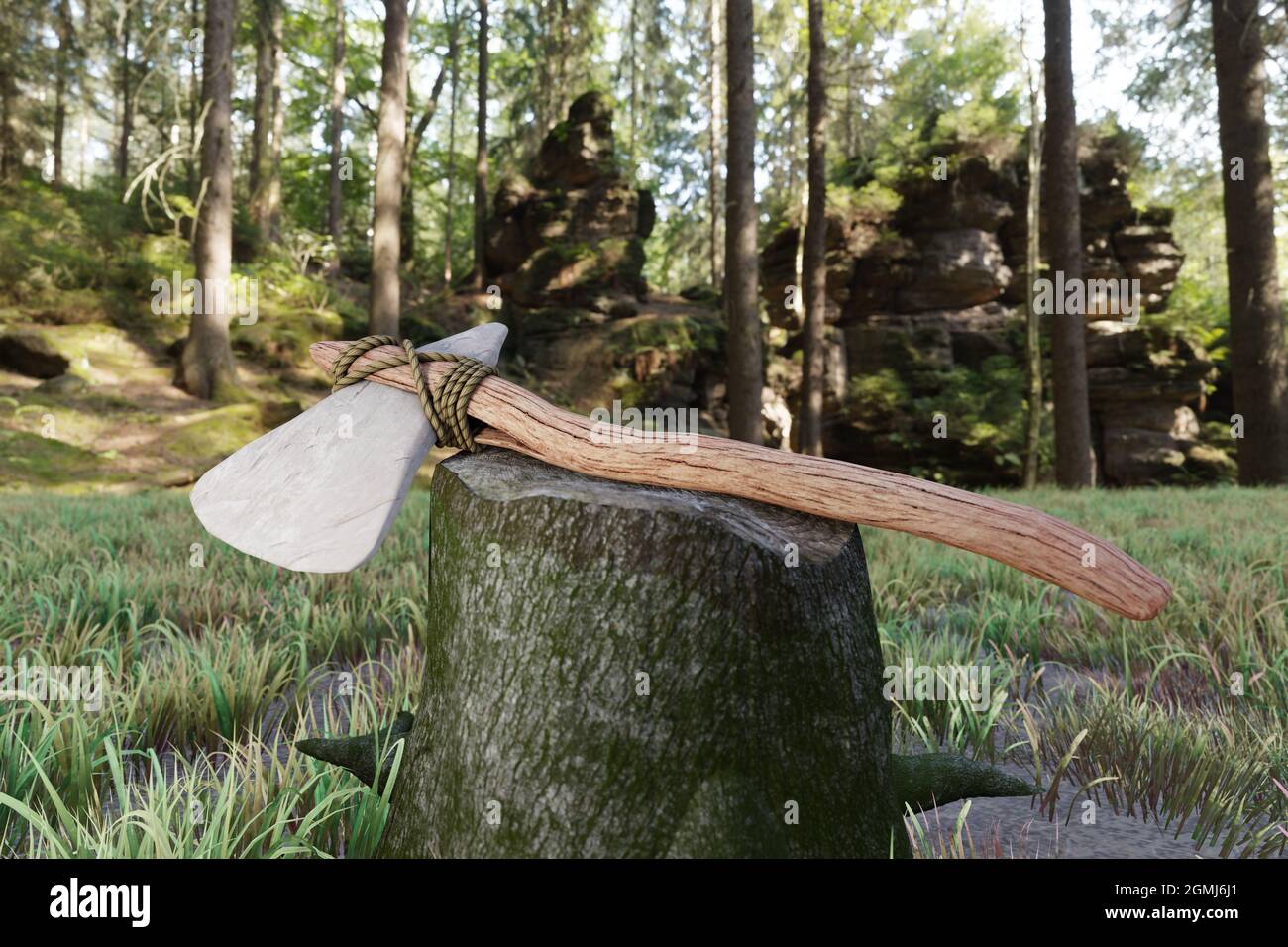 Handmade diy hatchet / axe survival concept. 3D Illustration Stock ...