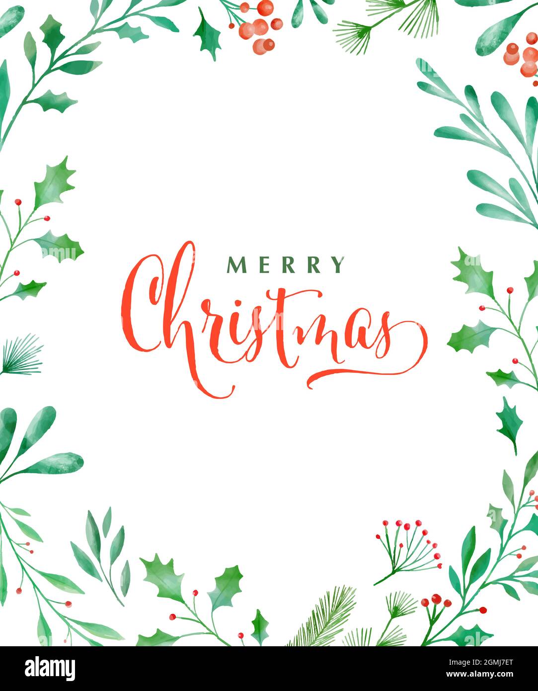 Merry Christmas background. Vector watercolor lettering design with ...