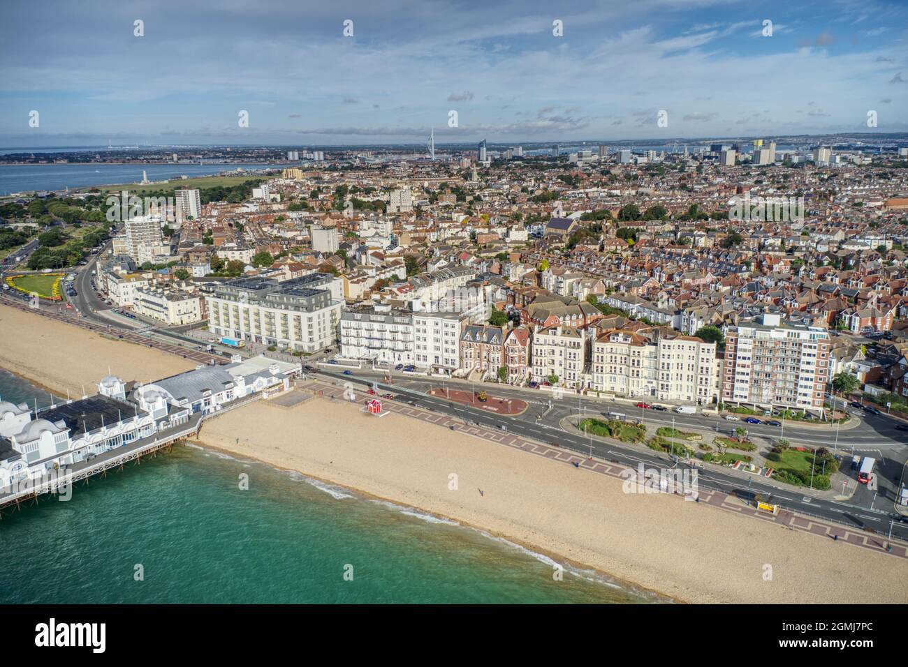 Southsea Victorian Seafront and Pier with a long stretch of beach and ...