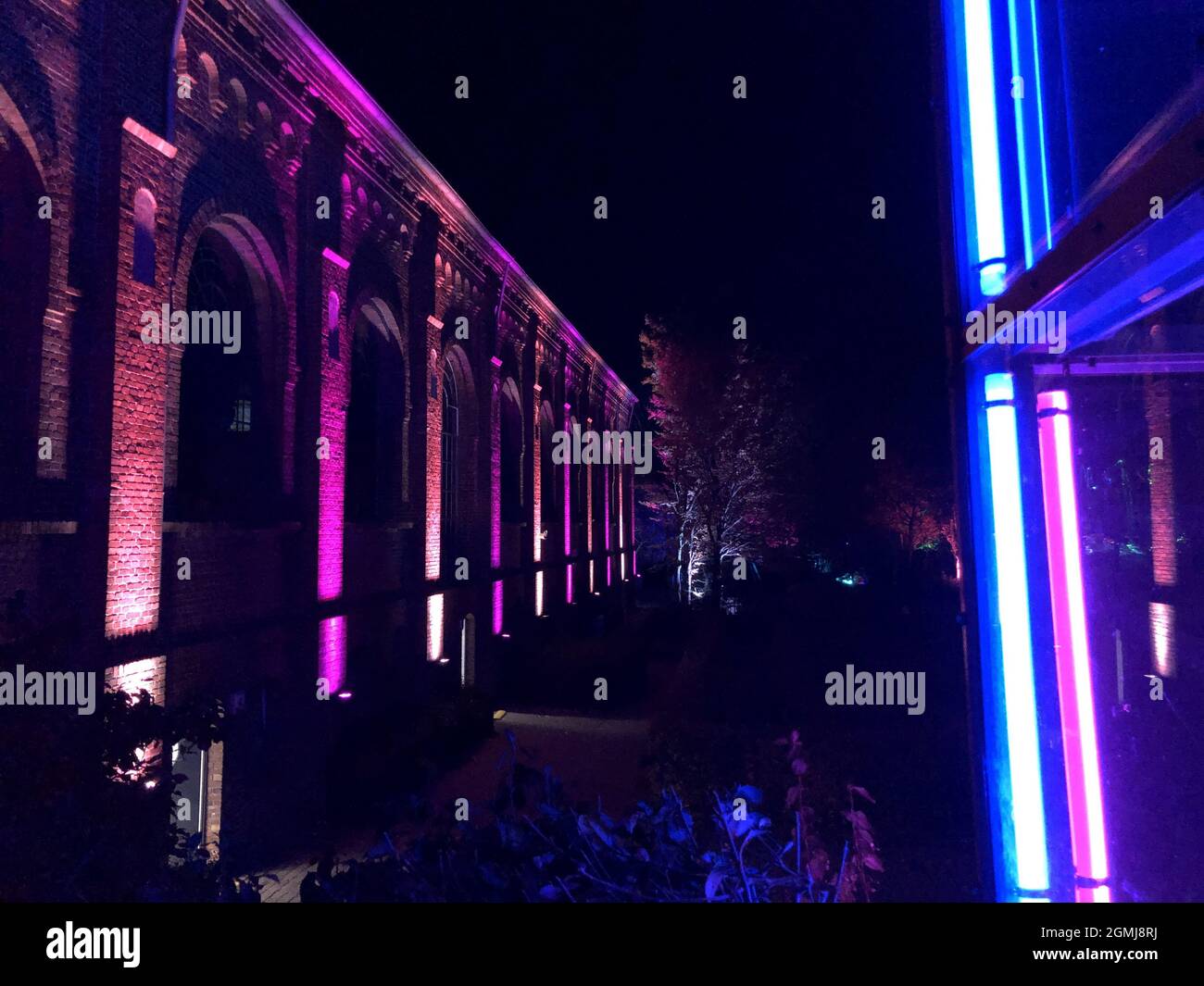 A beautiful building at nighttime with vibrant neon lights Stock Photo ...