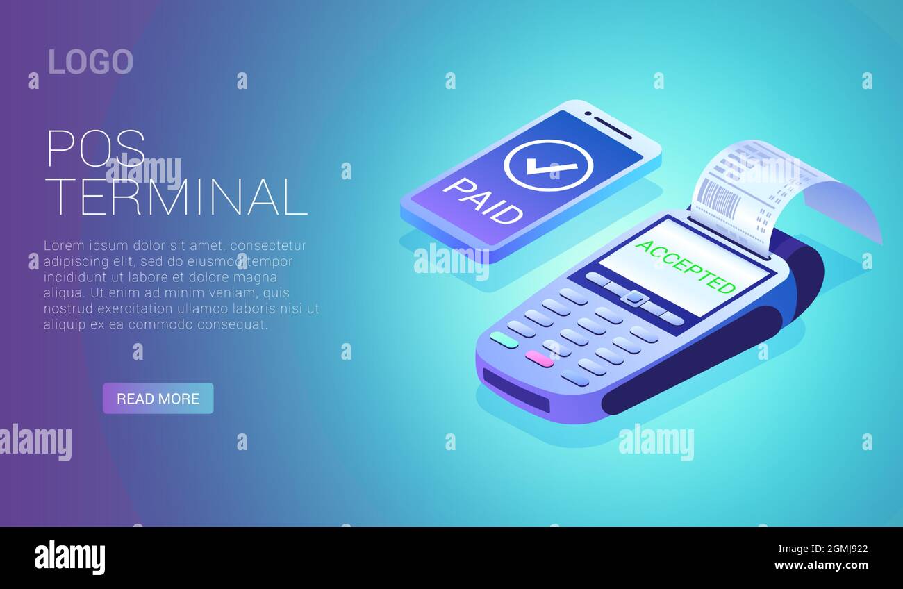 Isometric mobile payment pos terminal - cardless nfc wifi payment concept, vector illustration ...