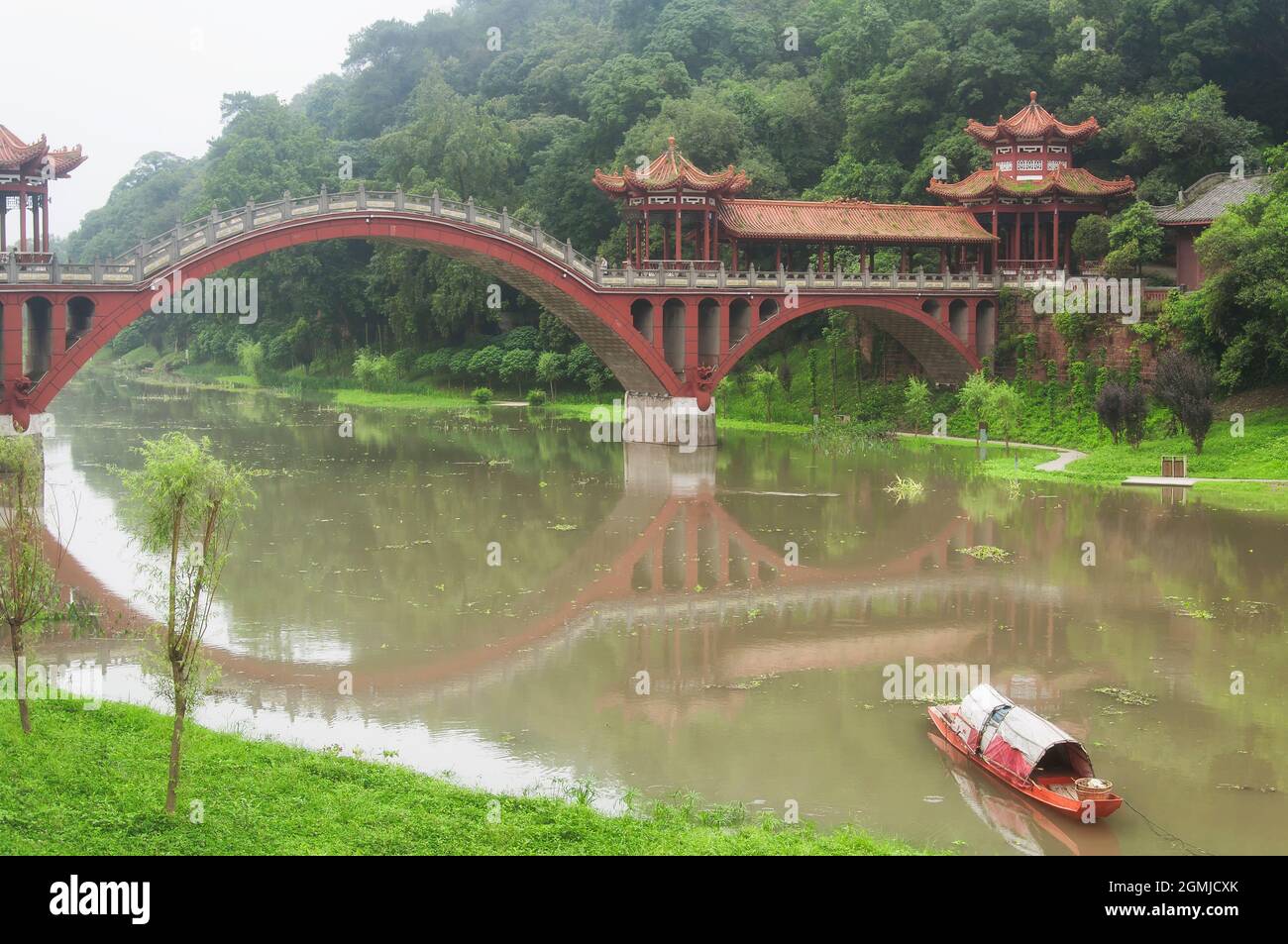 The landmark Haoshang Bridge over the mahao river within the Leshan ...