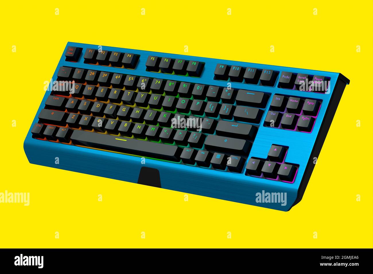 Blue computer keyboard with rgb colors isolated on yellow background ...