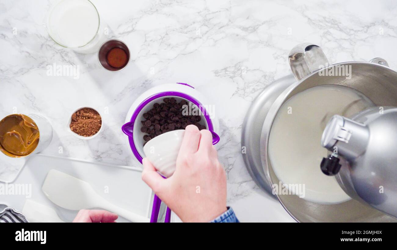Flat lay. Step by step. Preparing homemade chocolate ice cream in a ...