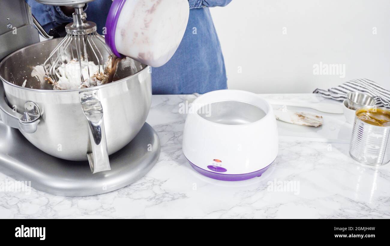 Step by step. Preparing homemade chocolate ice cream in a standing ...