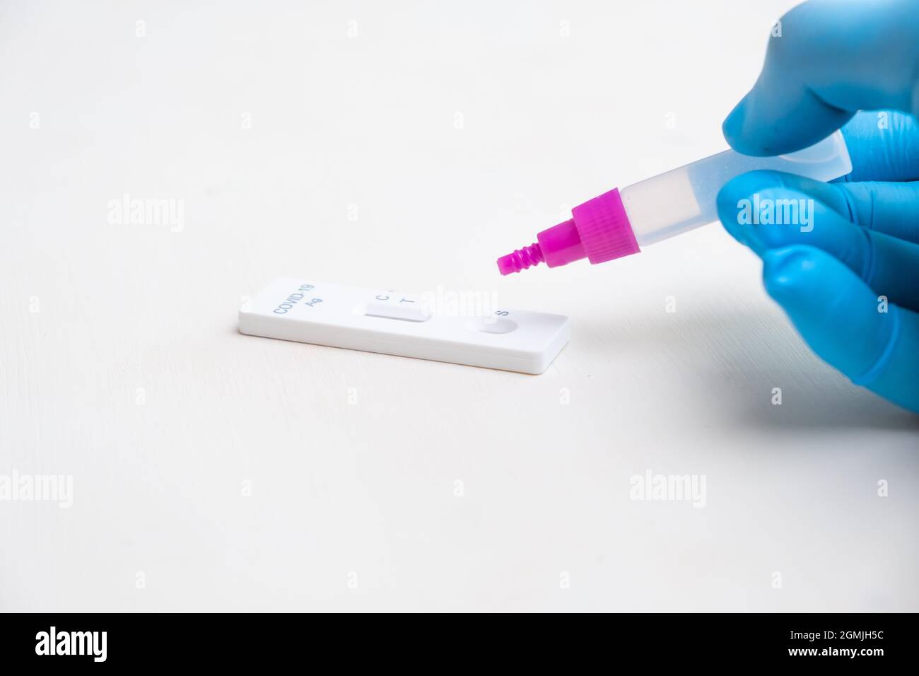 Drop reagent into COVID-19 Antigen test by laboratory worker in rubber ...