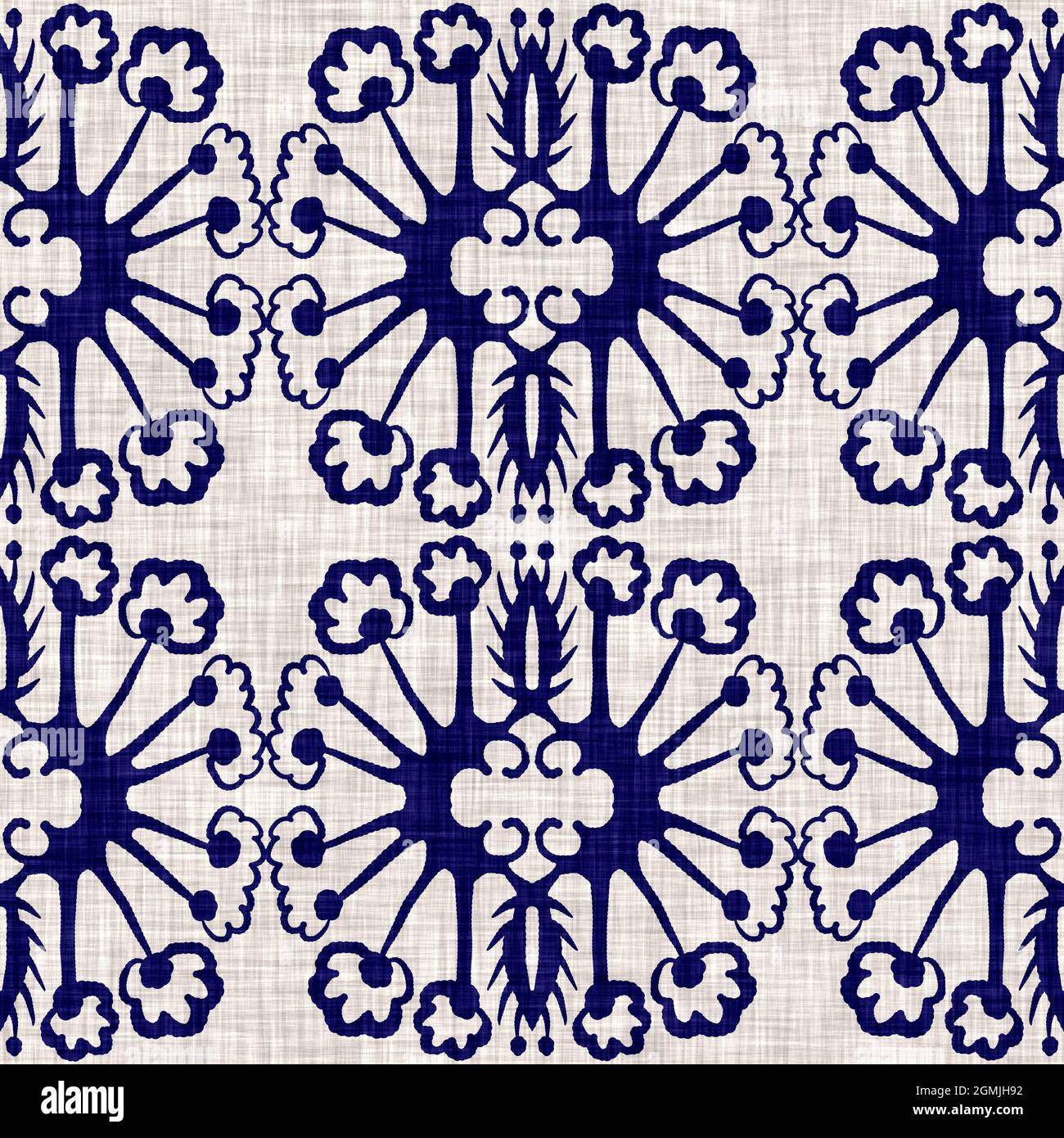 Indigo blue flower block print dyed linen texture background. Seamless ...