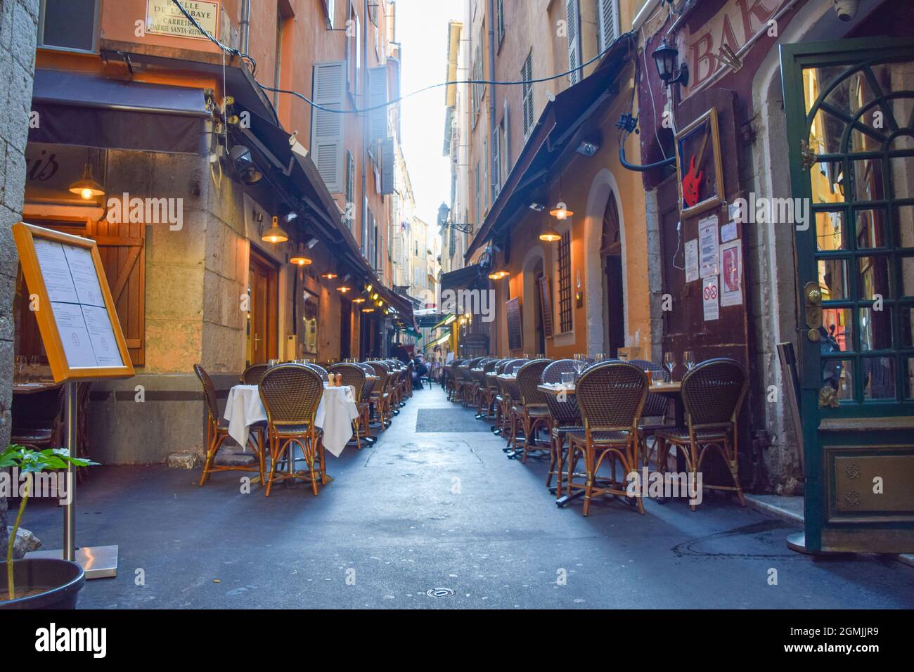 Nice, France, 2019. A street lined with restaurants and cafes in the ...