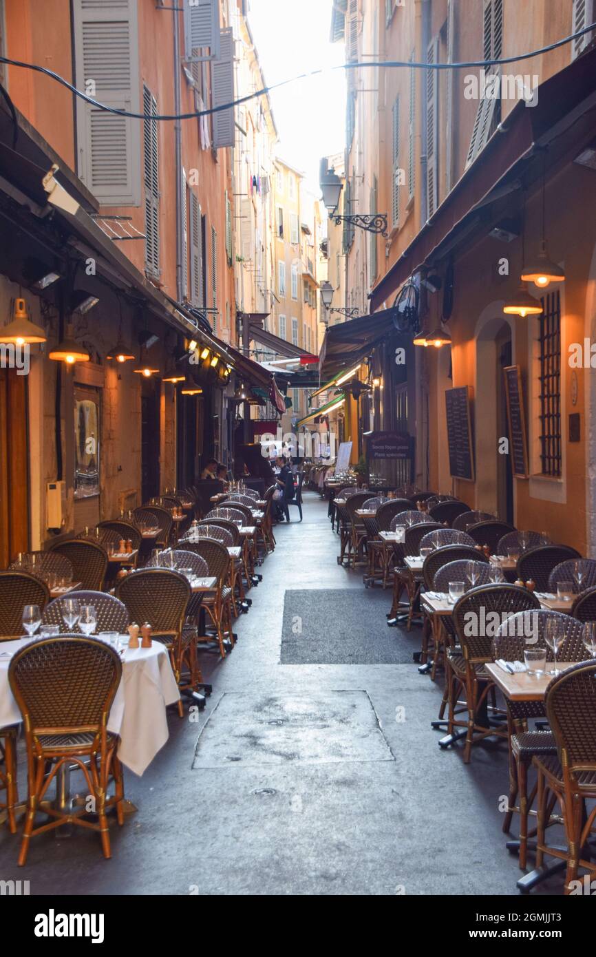 Nice, France, 2019. A street lined with restaurants and cafes in the ...