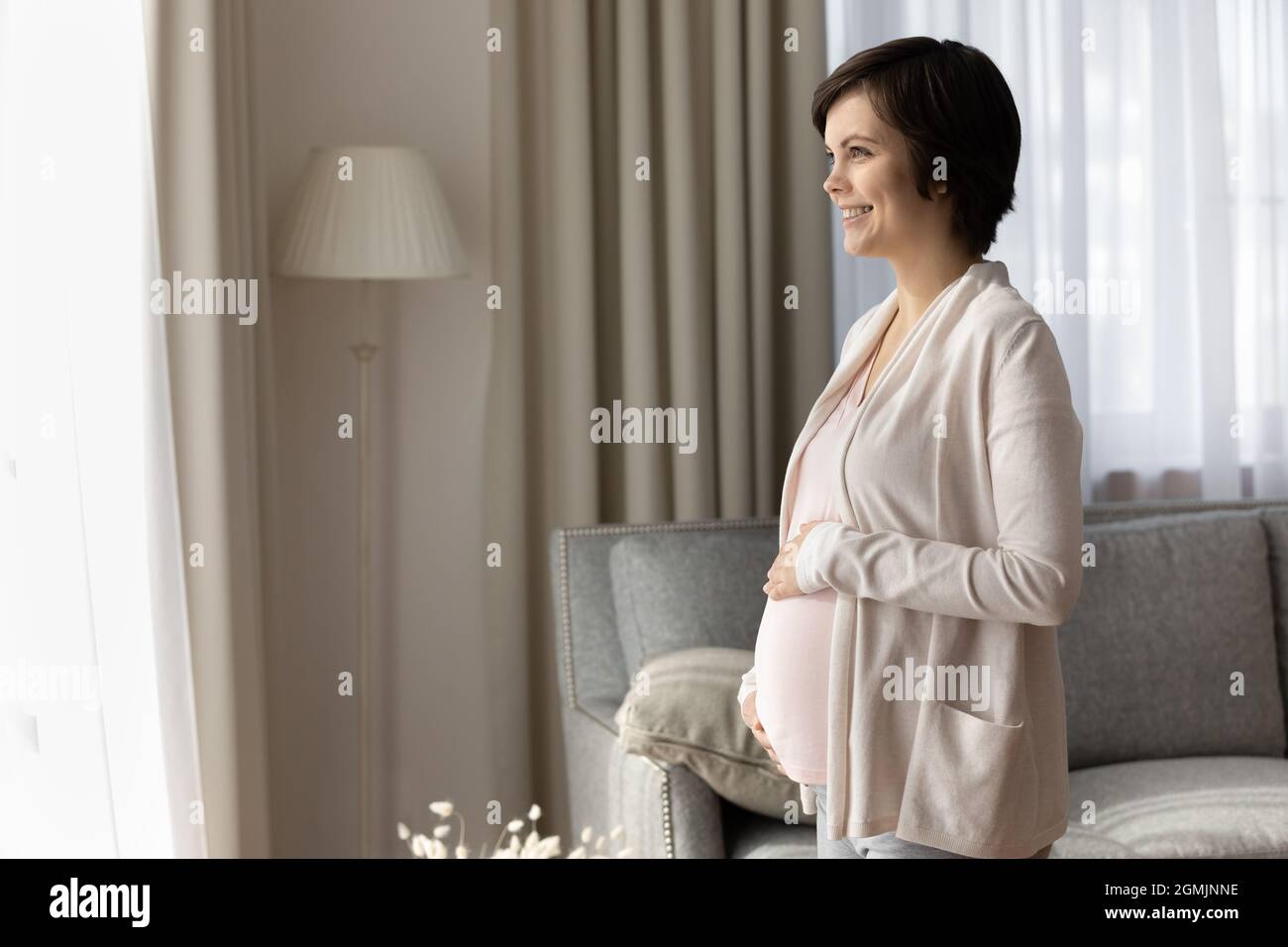 Carefree young expectant mother look at distance full of dreams Stock ...