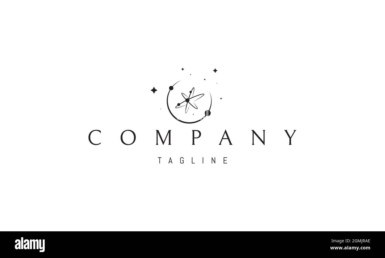 Vector logo on which an abstract image of an atom with orbits in space ...