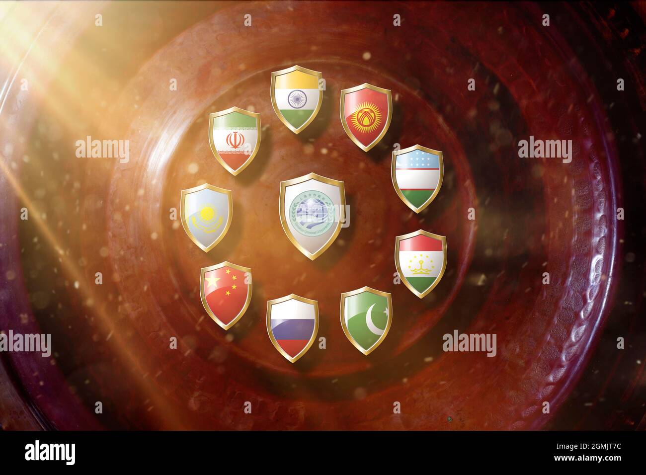 Shanghai Cooperation Organization (SCO) countries flags in golden ...