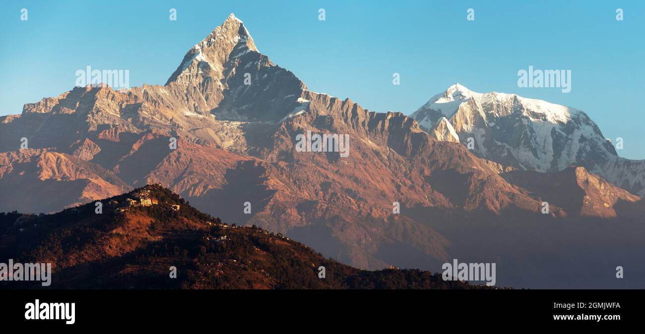red colored sunset view of mount Machhapuchhare, Annapurna area, Nepal ...