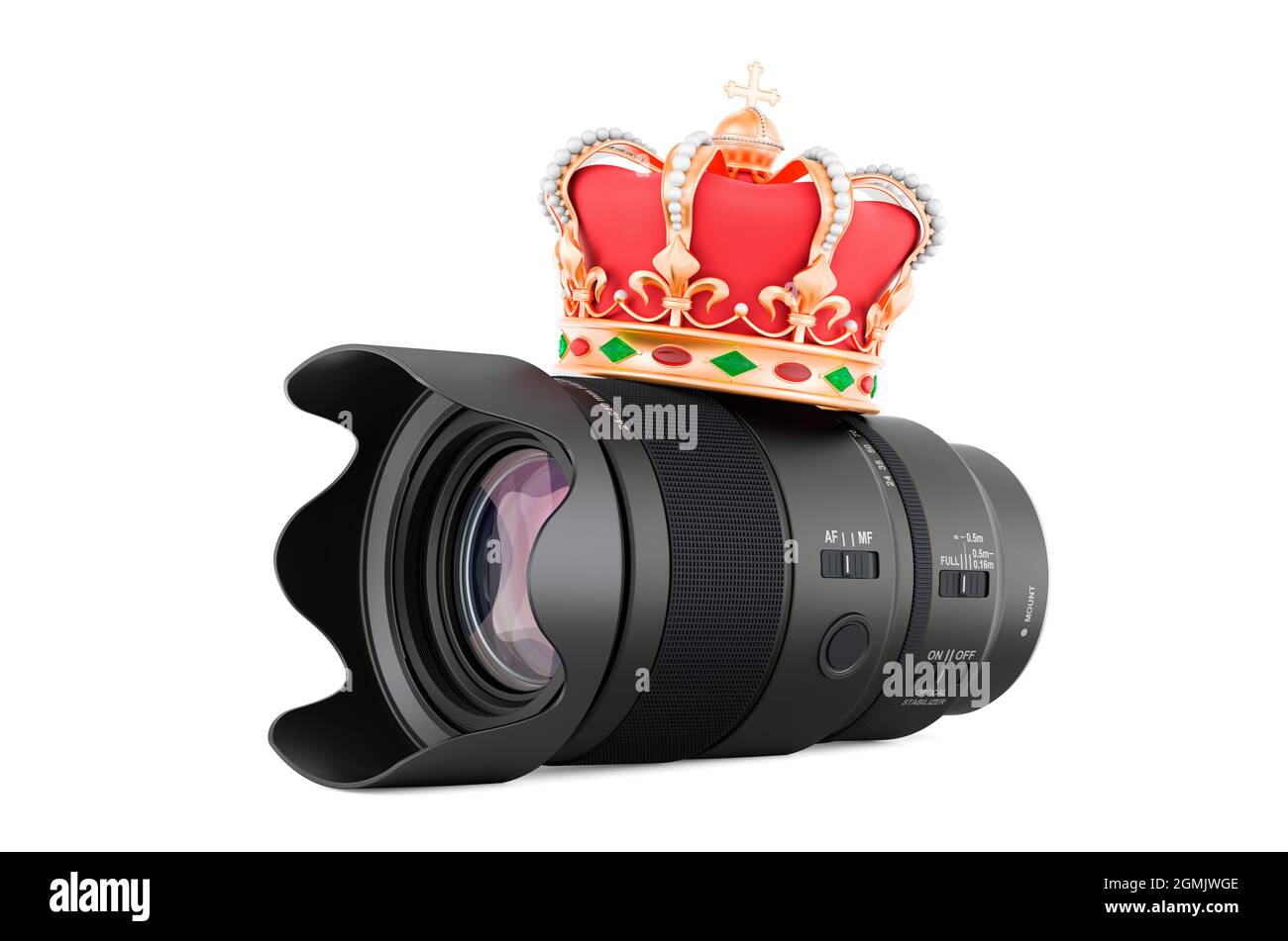 Camera lens with golden crown, 3D rendering isolated on white ...