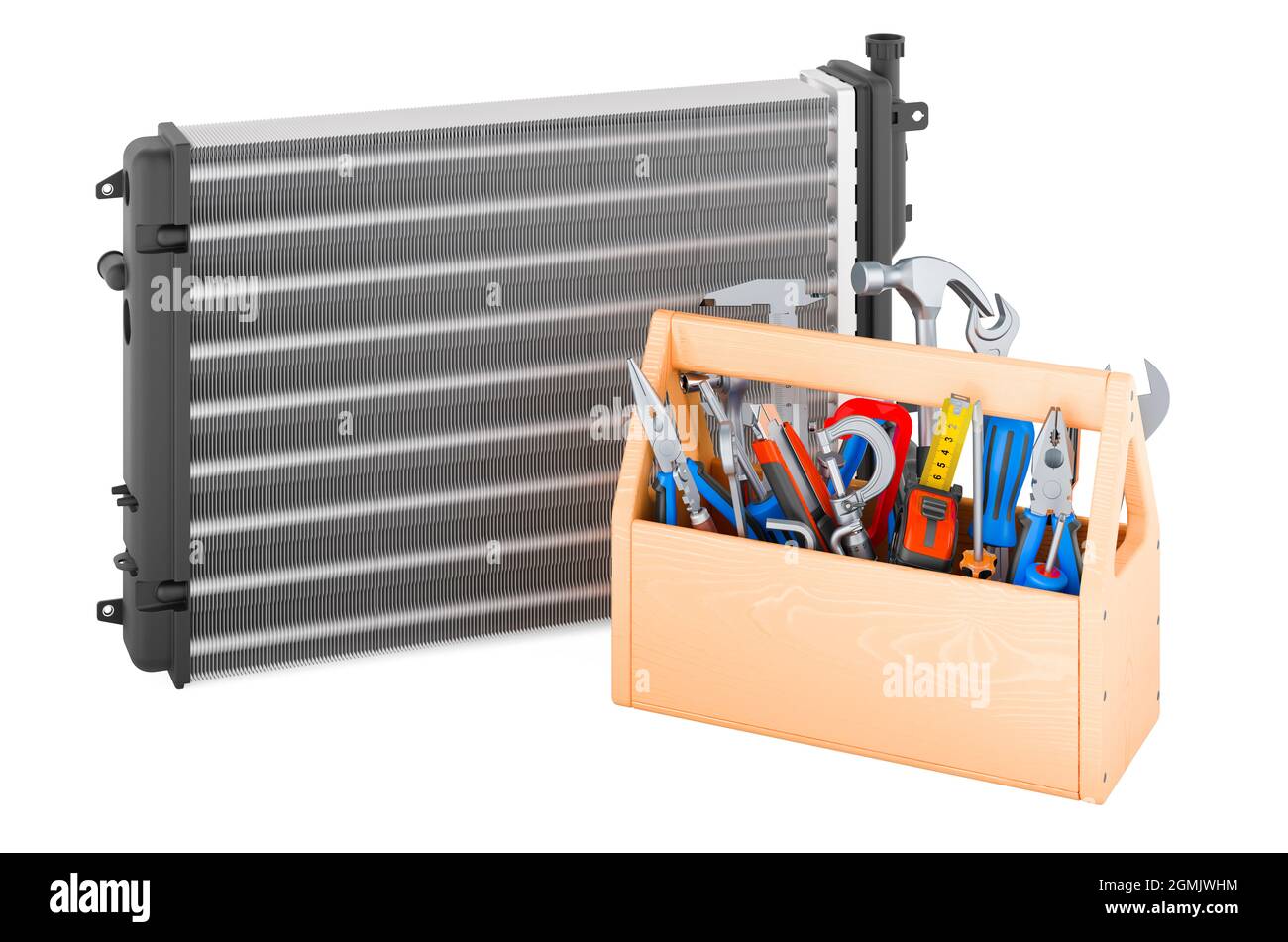 Car radiator with toolbox. Service and repair of car radiator. 3D ...