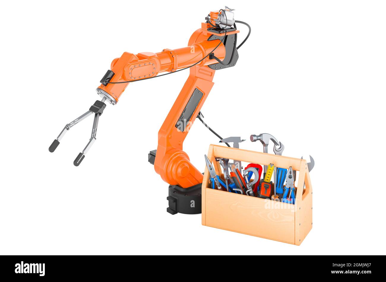 Robotic arm with toolbox. Service and repair of mechanical robotic arm ...
