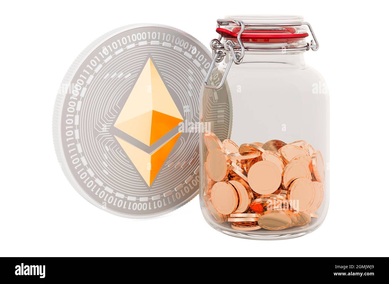 Ethereum inside glass jar with chain and padlock. 3D rendering isolated ...