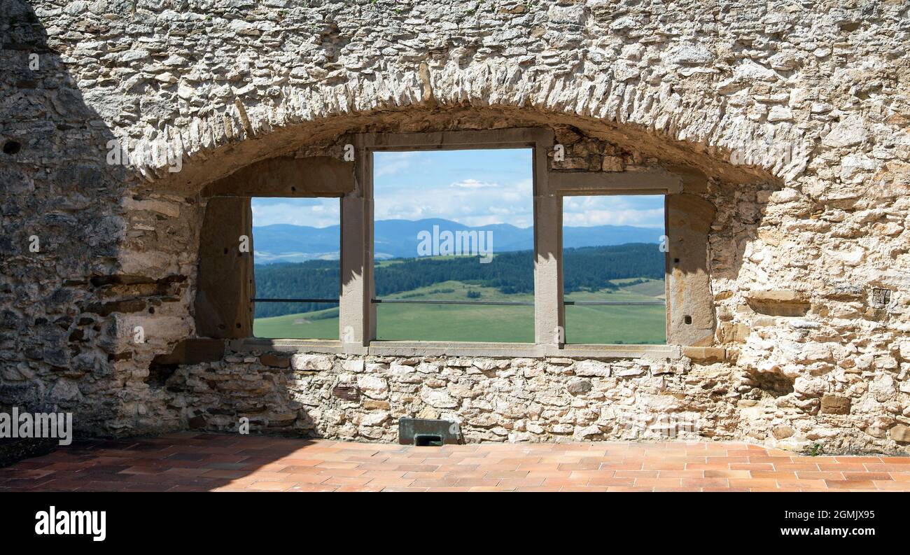 Stone windowSpissky hrad castle ruin near Spisske Podhradie town or ...