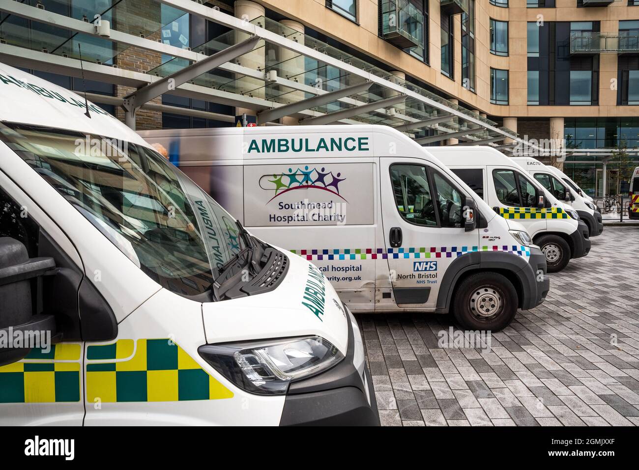 Five ambulances parked outside on the forecourt and canopy of Bristol's ...