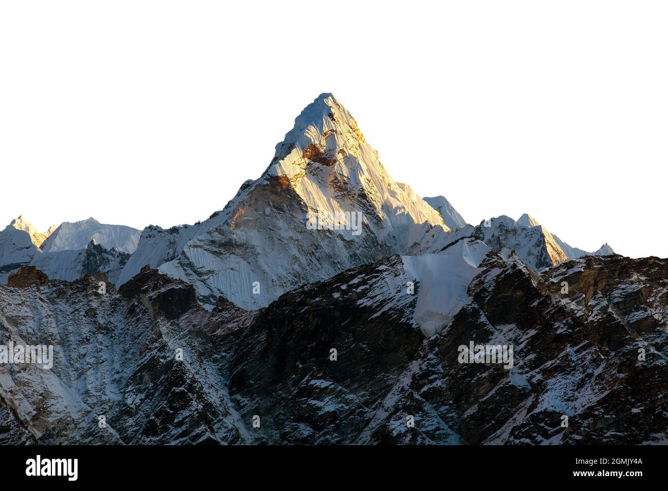 Evening view of Ama Dablam isolated on white sky background, Nepal ...