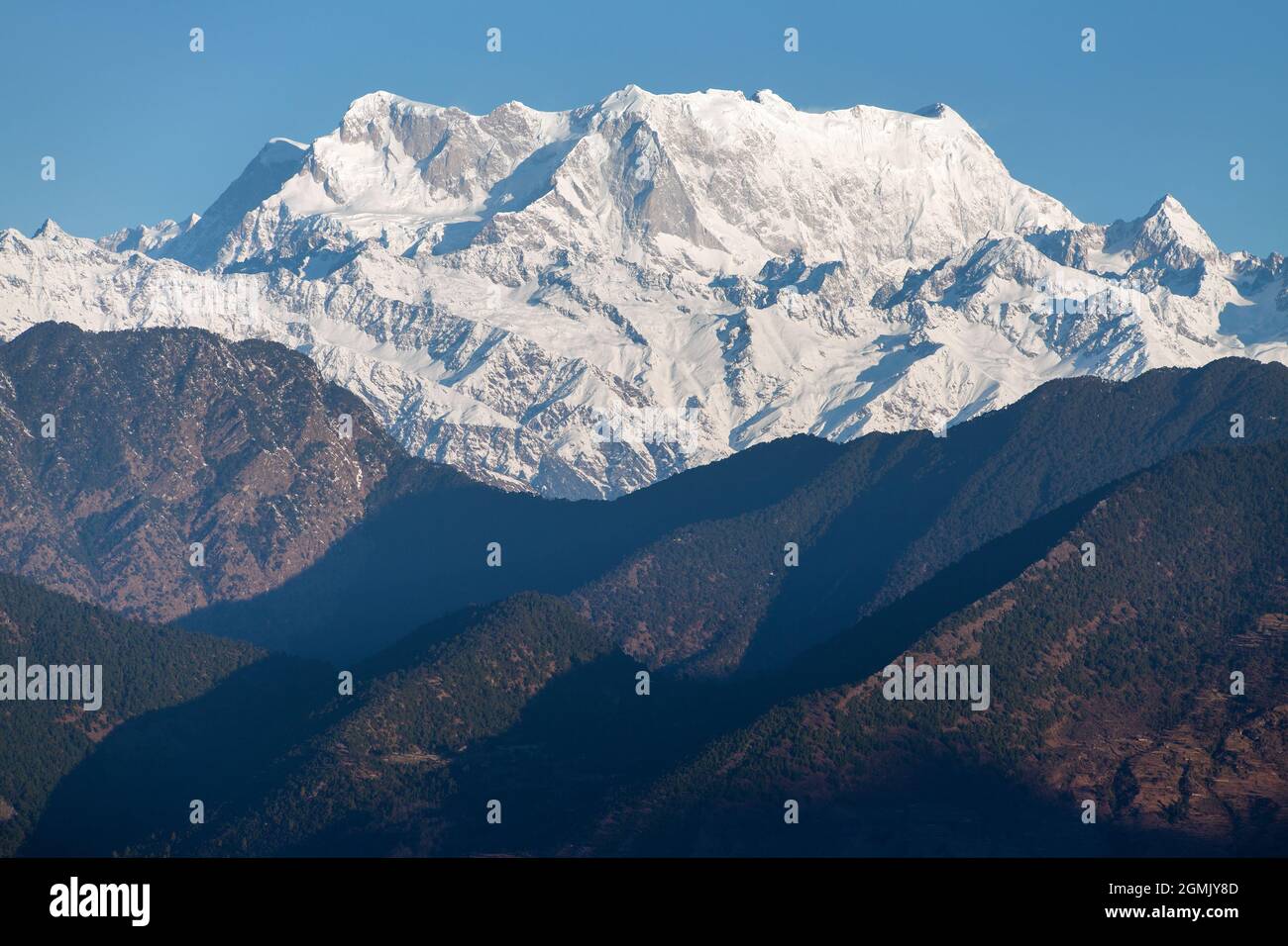 Mount Chaukhamba and woodland, Himalaya, panoramic view of Indian ...