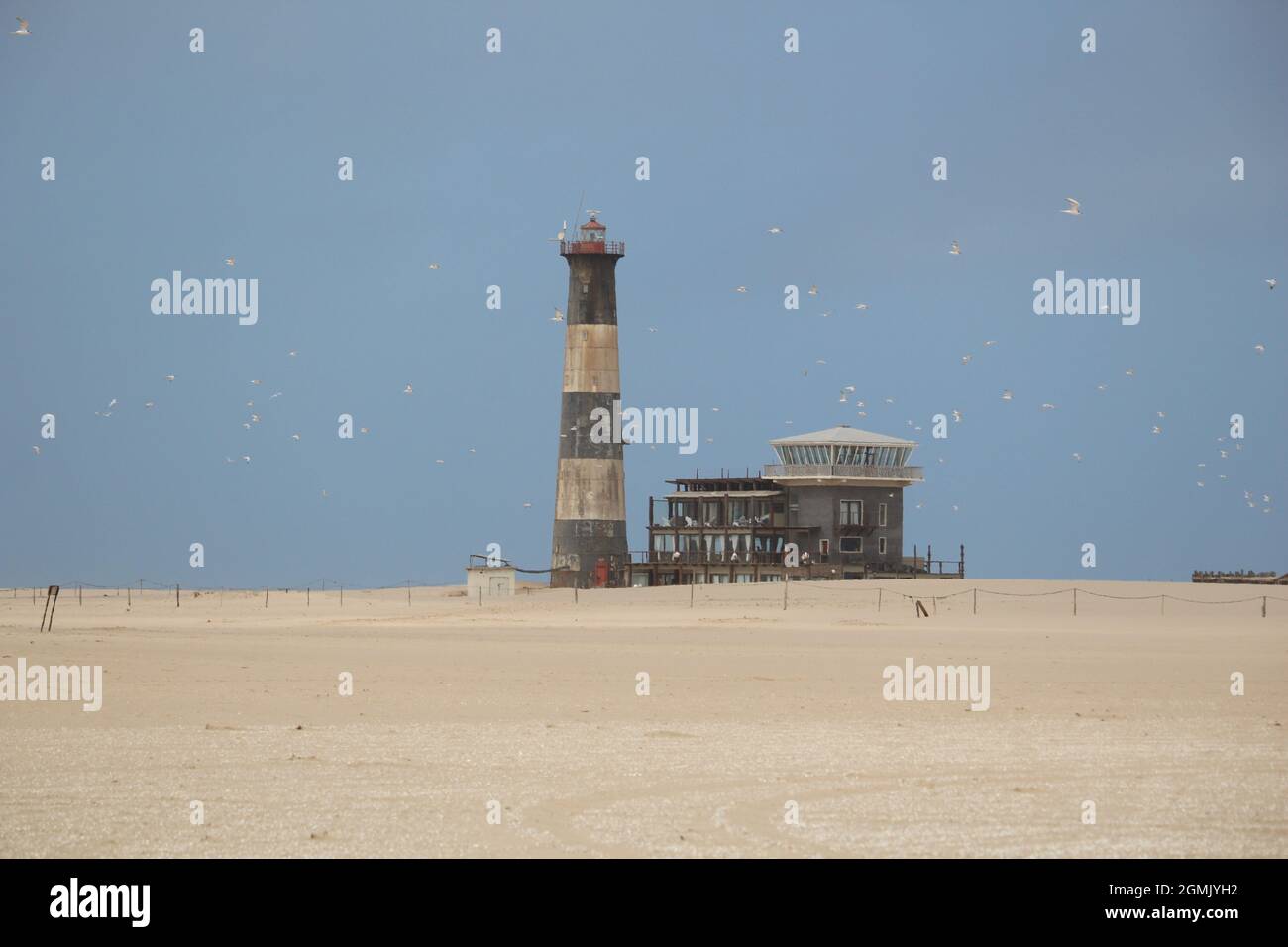 Lighthouse with flock of tern at Pelican Point, Namibia Stock Photo - Alamy