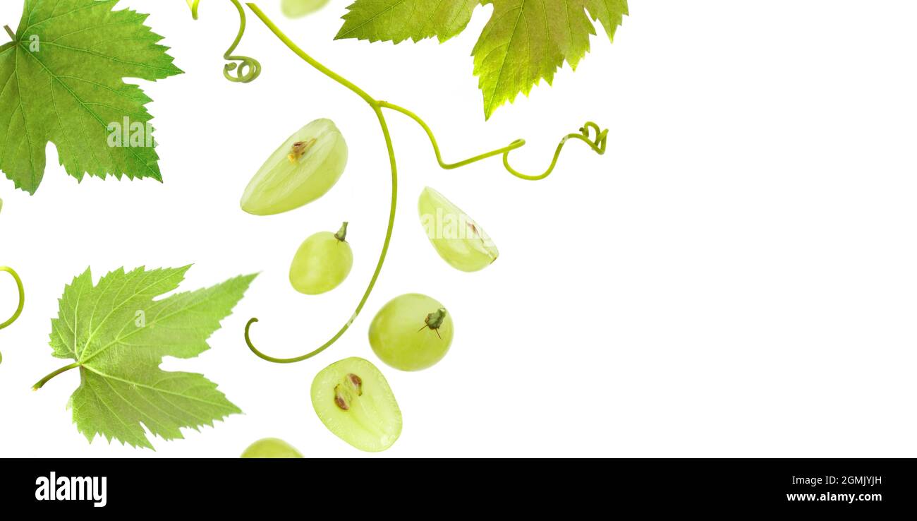 Falling green grape with leaves, isolated on white background ...