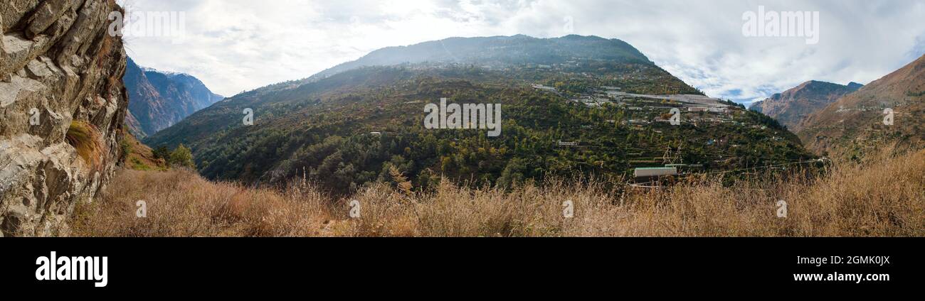 Joshimath town or village, panoramic view, Indian himalayas mountains ...