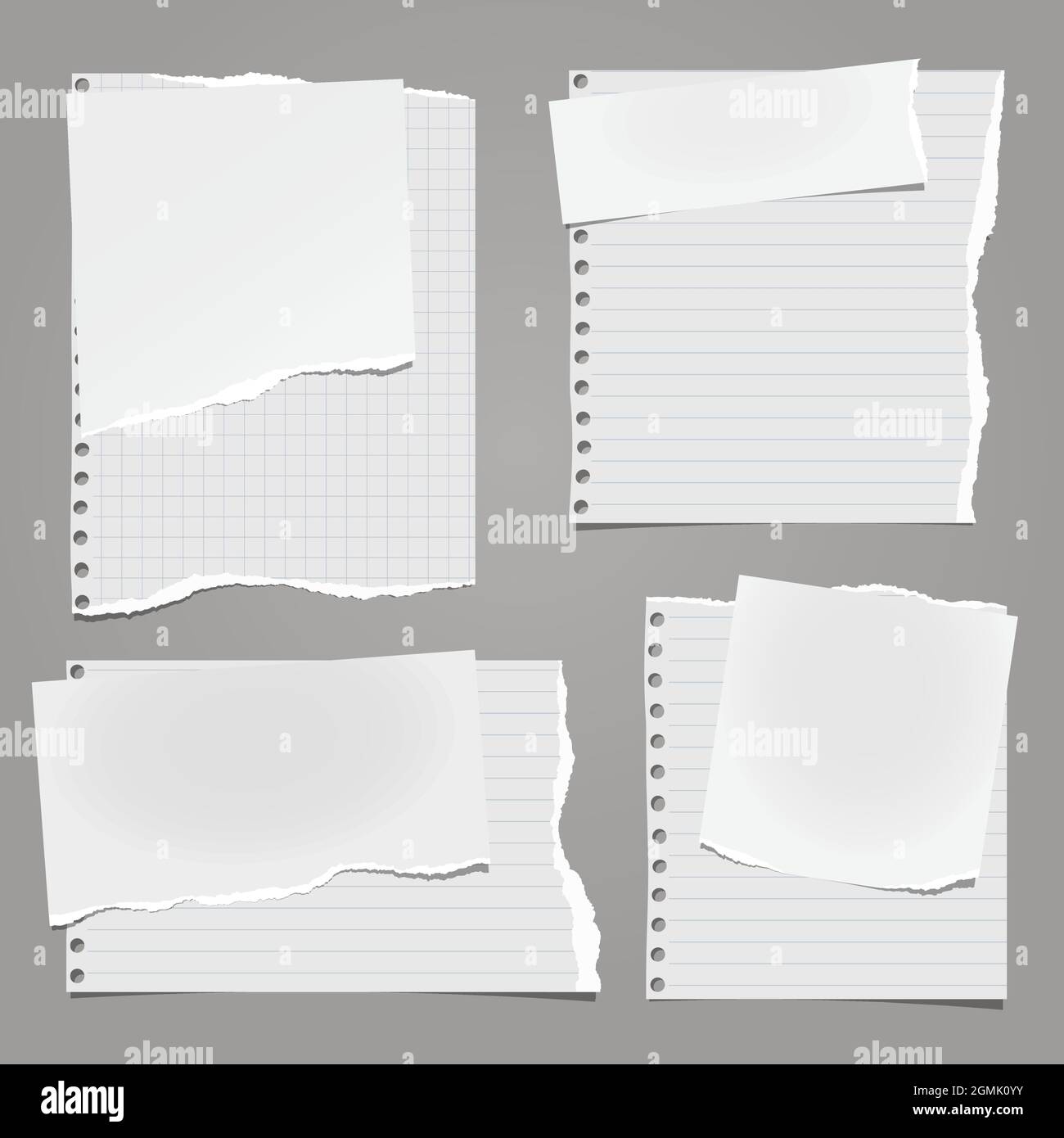 Set of torn ripped white note, notebook paper stripes are on dark grey ...