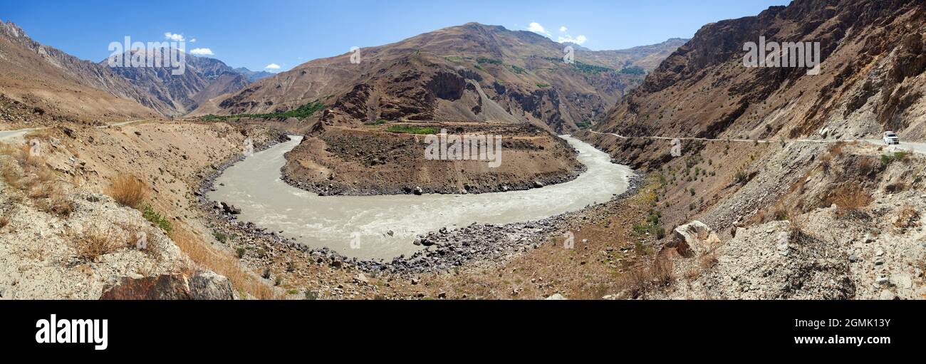 Panj river and Pamir highway. Panj is upper part of Amu Darya river ...