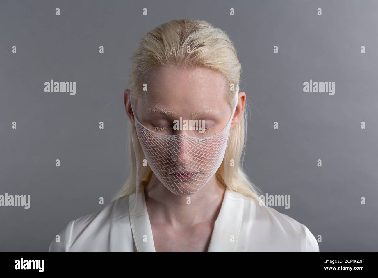 Closeup portrait of white caucasian albino blond woman fashion model ...