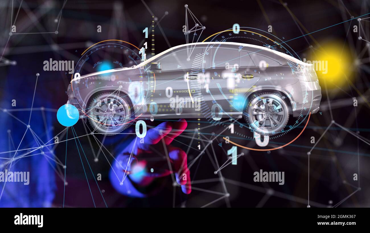 A 3D rendering of a digital car in the virtual space with connected ...