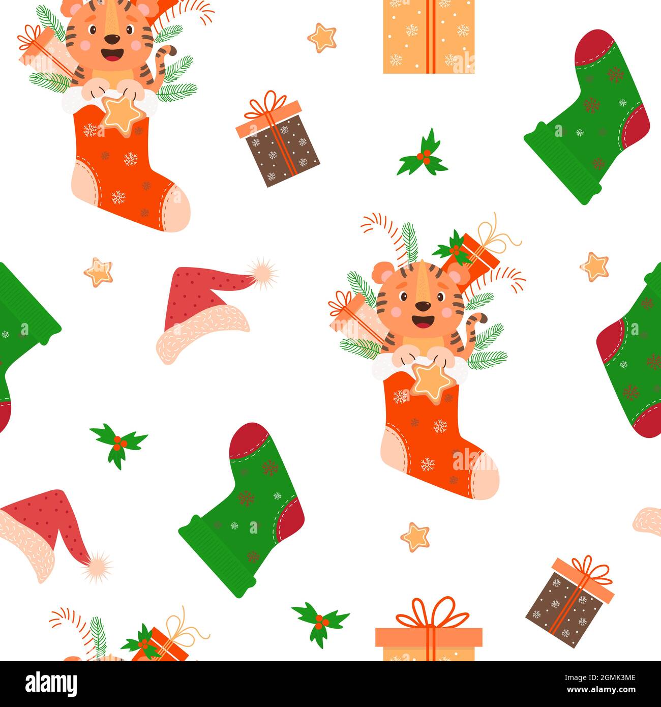 Seamless pattern with tiger and New Years decor. Cute tiger cub with a ...