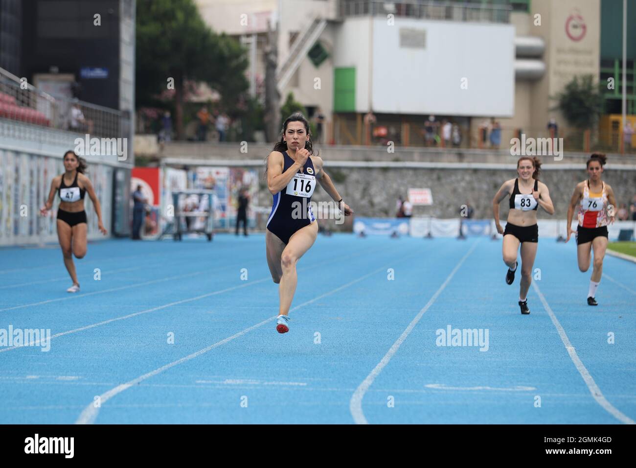 ISTANBUL, TURKEY - JUNE 23, 2021: Athletes running 100 metres during ...