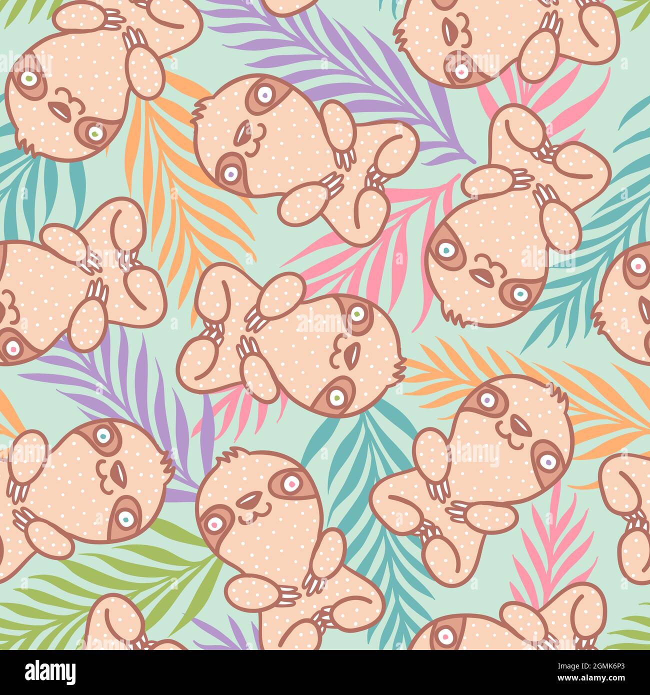 Vector seamless tropical pattern with cute sloth. Vector pattern with ...