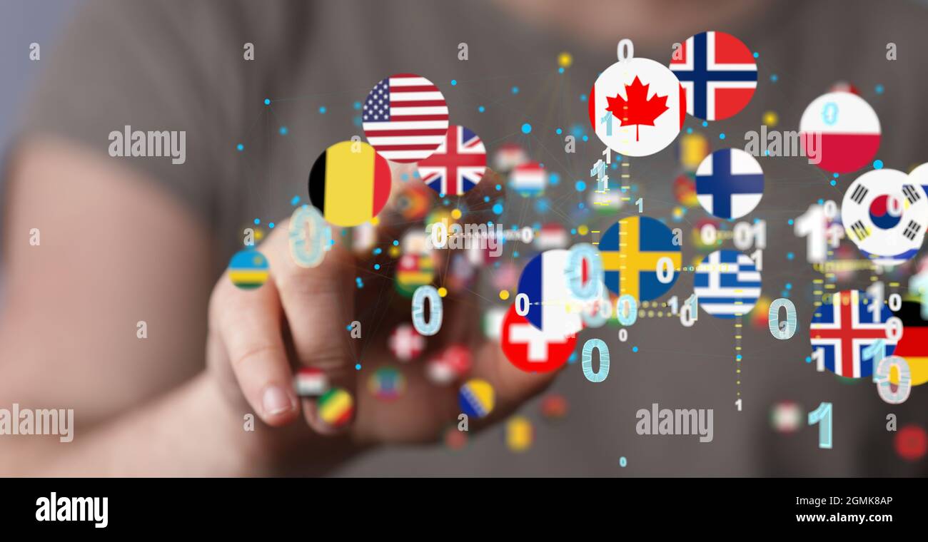 A 3D rendering of digital National flags of the world and binary codes ...