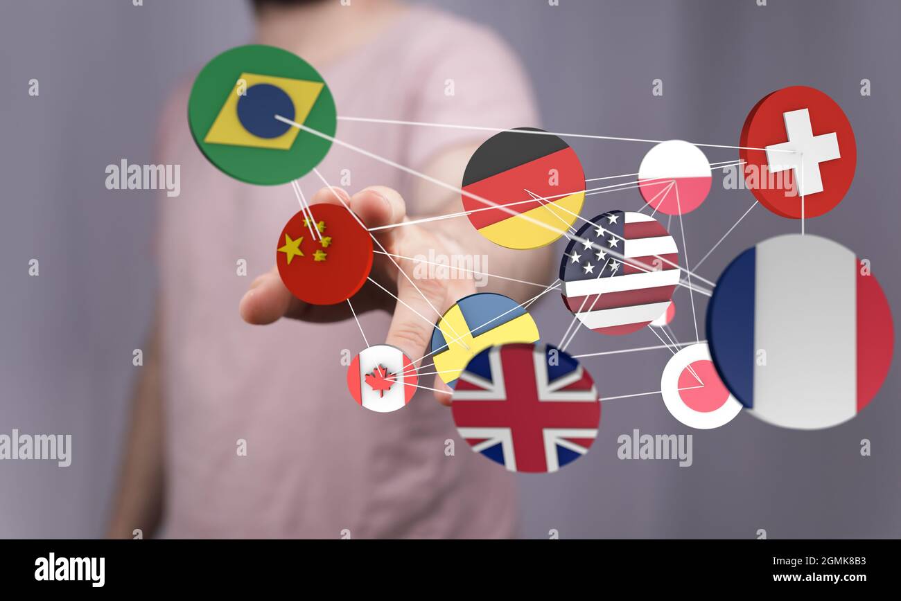 A 3D rendering of digital National flags of the world with fingers ...