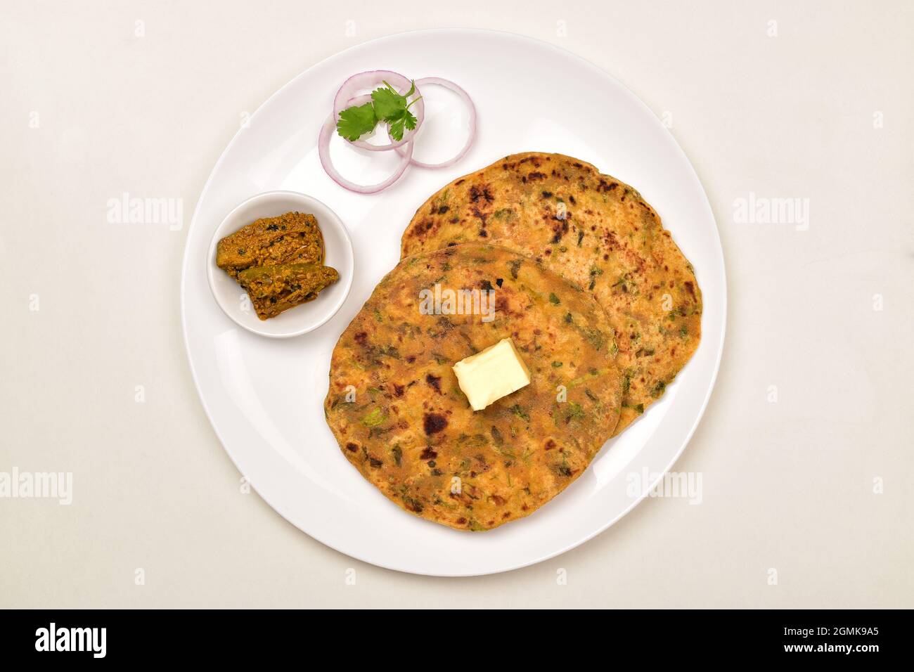 Top View of Fenugreek Paratha with Aachar in Plate Isolated on White ...