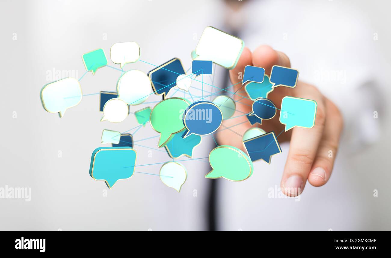 A 3D rendering of connected speech bubbles, communication concept Stock ...
